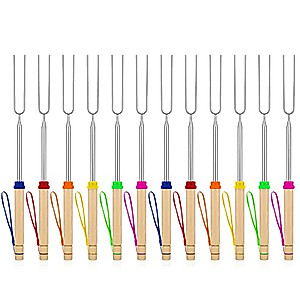 Marshmallow Roasting Sticks 32 inches Telescoping Marshmallow Skewers & Hot Dog Forks Stainless Steel Smores Skewers with Wooden Handle Storage Bag for Campfire Camping Bonfire and Grill（12 Pack ）