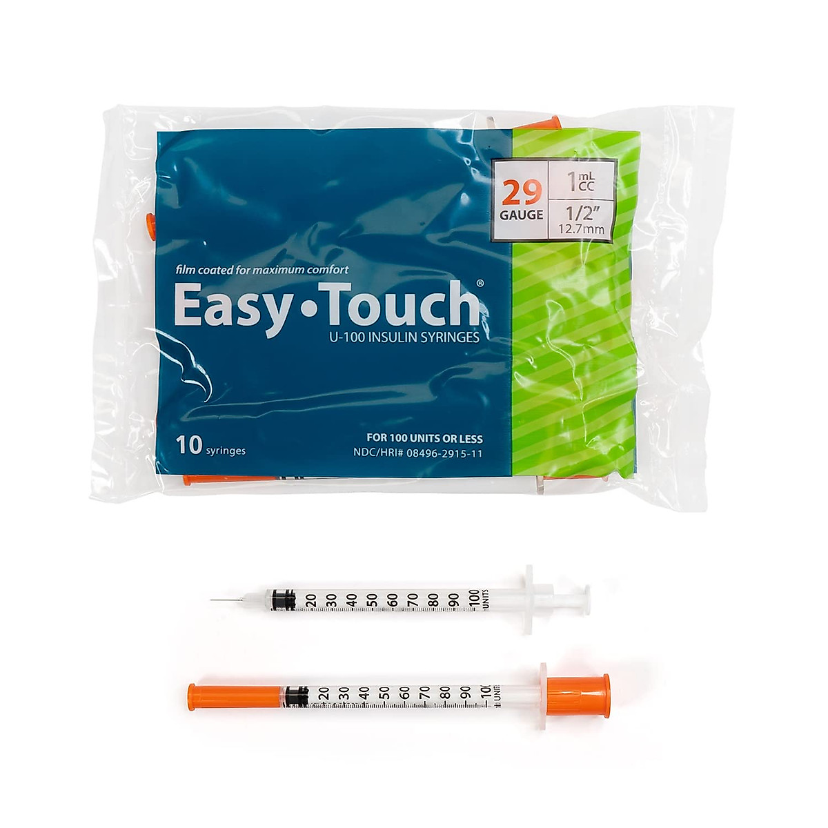 EasyTouch U-100 Insulin Syringe with Needle, 29G 1cc 1/2-Inch (12.7mm), Box of 100