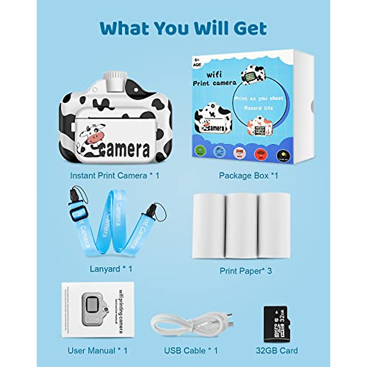Instant Print Camera for Kids, Kids Selfie Digital Camera with 1080P Video Recorder 32G SD Card Toys for Age 3 4 5 6 7 8-10 12 Toddler Boys and Girls - White (SD Card Inserted)