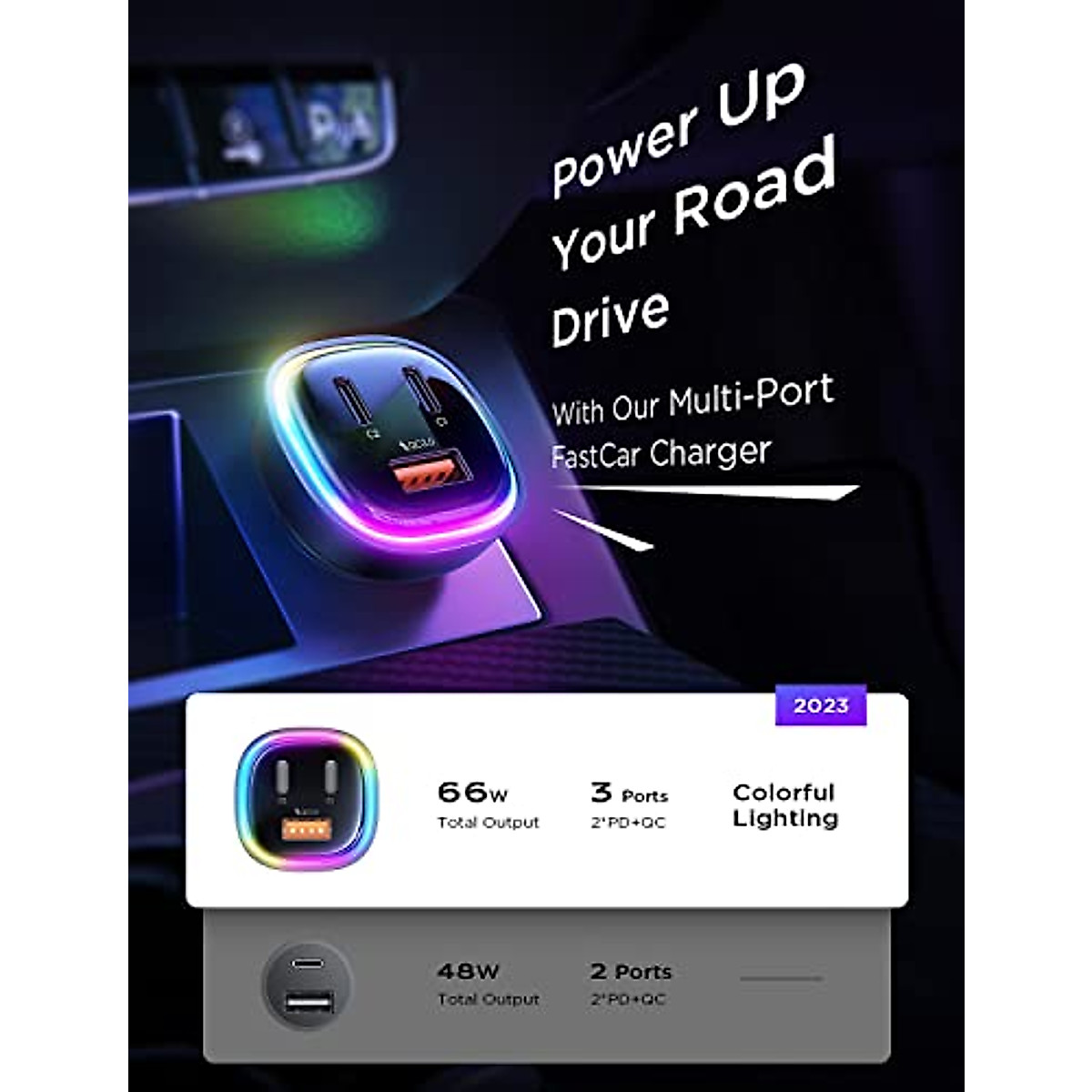 Car Charger USB C, 66W LISEN 3 USB Port [PD 36W+QC 30W] All Metal Car Charger iPhone, Fast Charging Car Adapter Colorful Lighting PD&QC 3.0 for iPhone 14 13 Pro, Samsung S23 iPad MacBook Pro Laptop