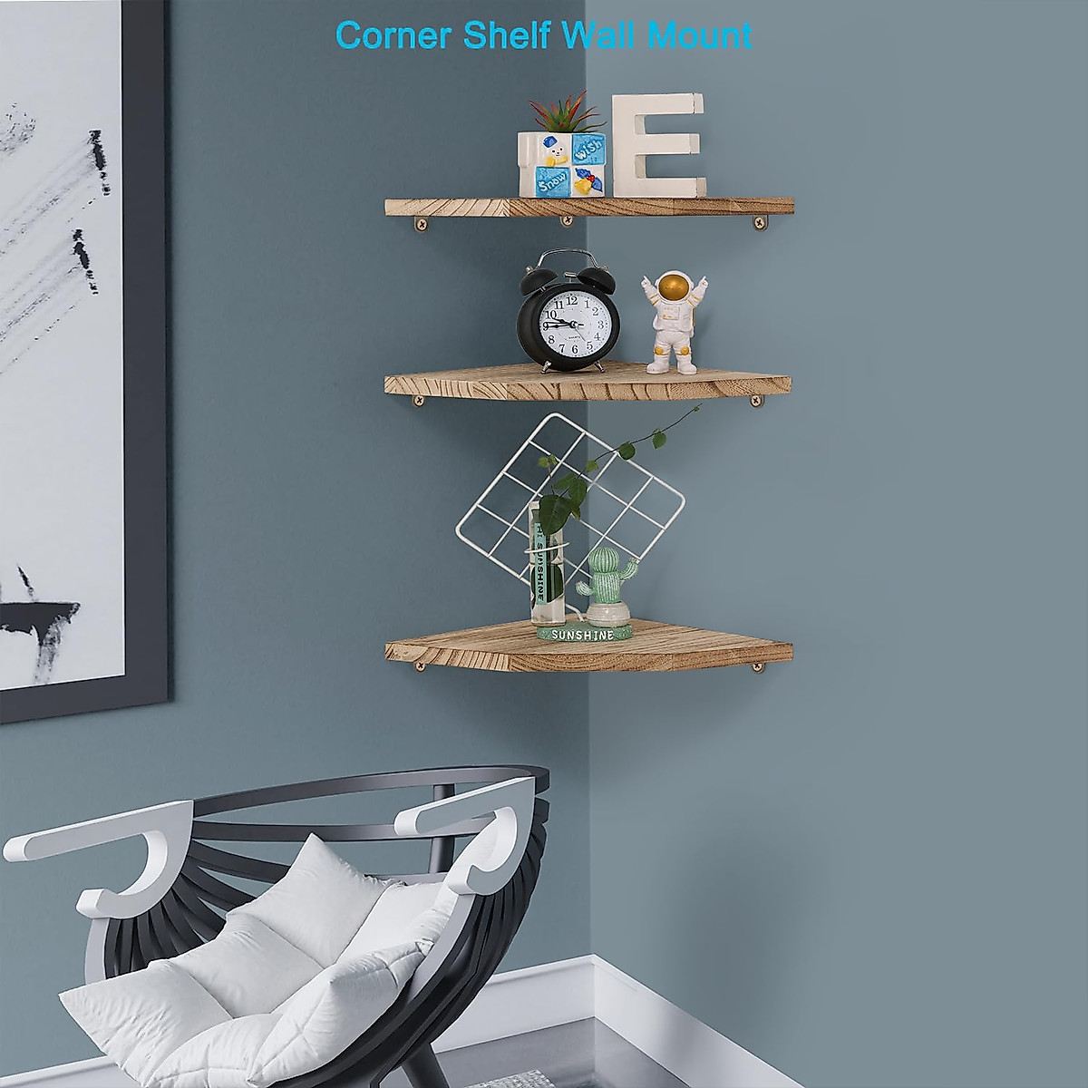 DUICIRX Corner Wall Shelves, Wood Corner Floating Shelves with Cable Raceway for TV Accessories, Monitor, Speaker, Cable Box, Game Console (Carbonized, Diamond- 12 Inch)