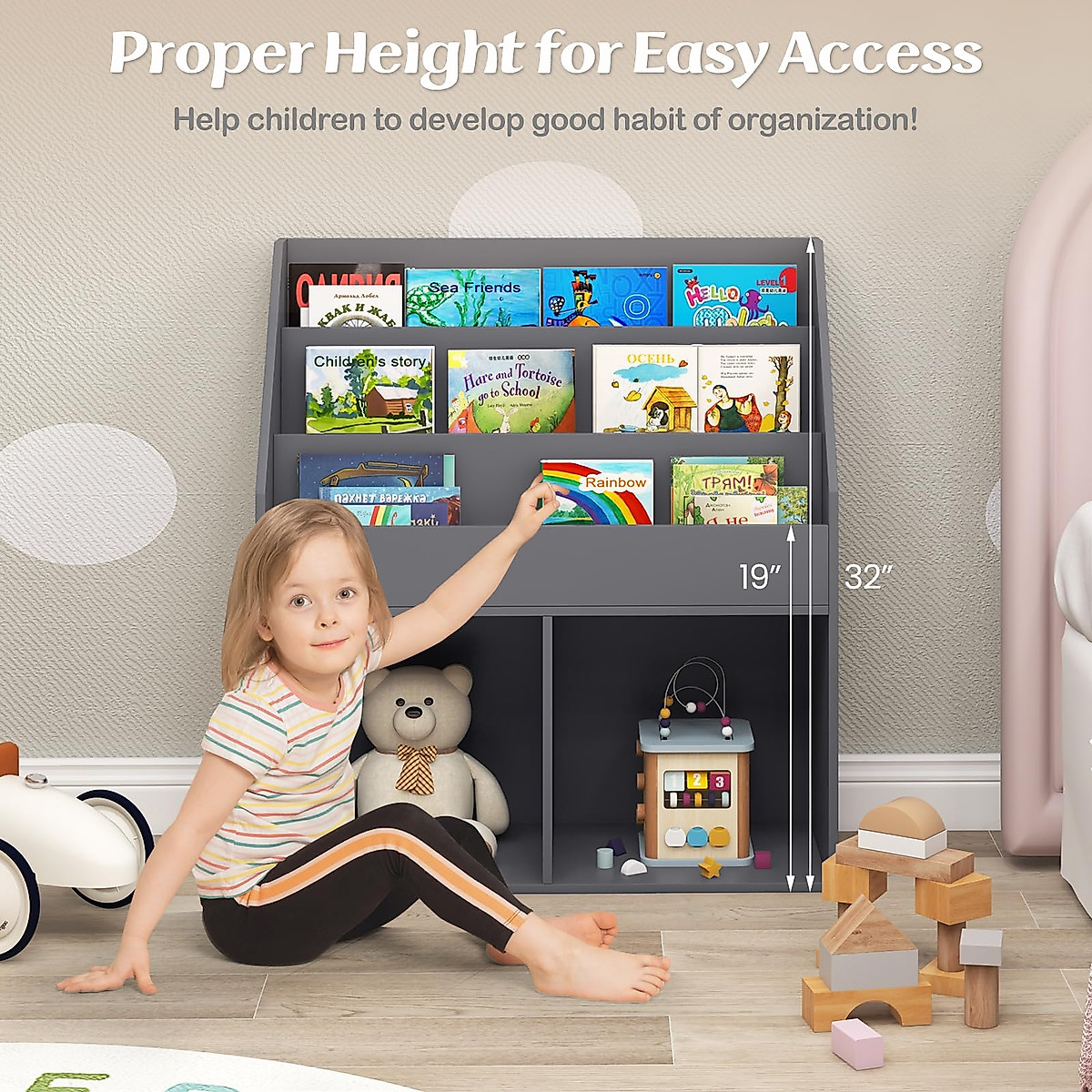 Costzon Kids Bookshelf, Wooden Toy Storage Cabinet Organizer with Shelves & 2 Large Cubes, 2-in-1 Children Bookcase Display Sling Book Rack for Kids Room, Bedroom, Nursery, Kindergarten (Gray)