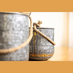 Avera Products Lasso Bucket Set of 2 | Galvanized Metal Bucket Planters for Indoor Plants, Rustic Metal with Gold Weld Trim, includes Drainage Holes