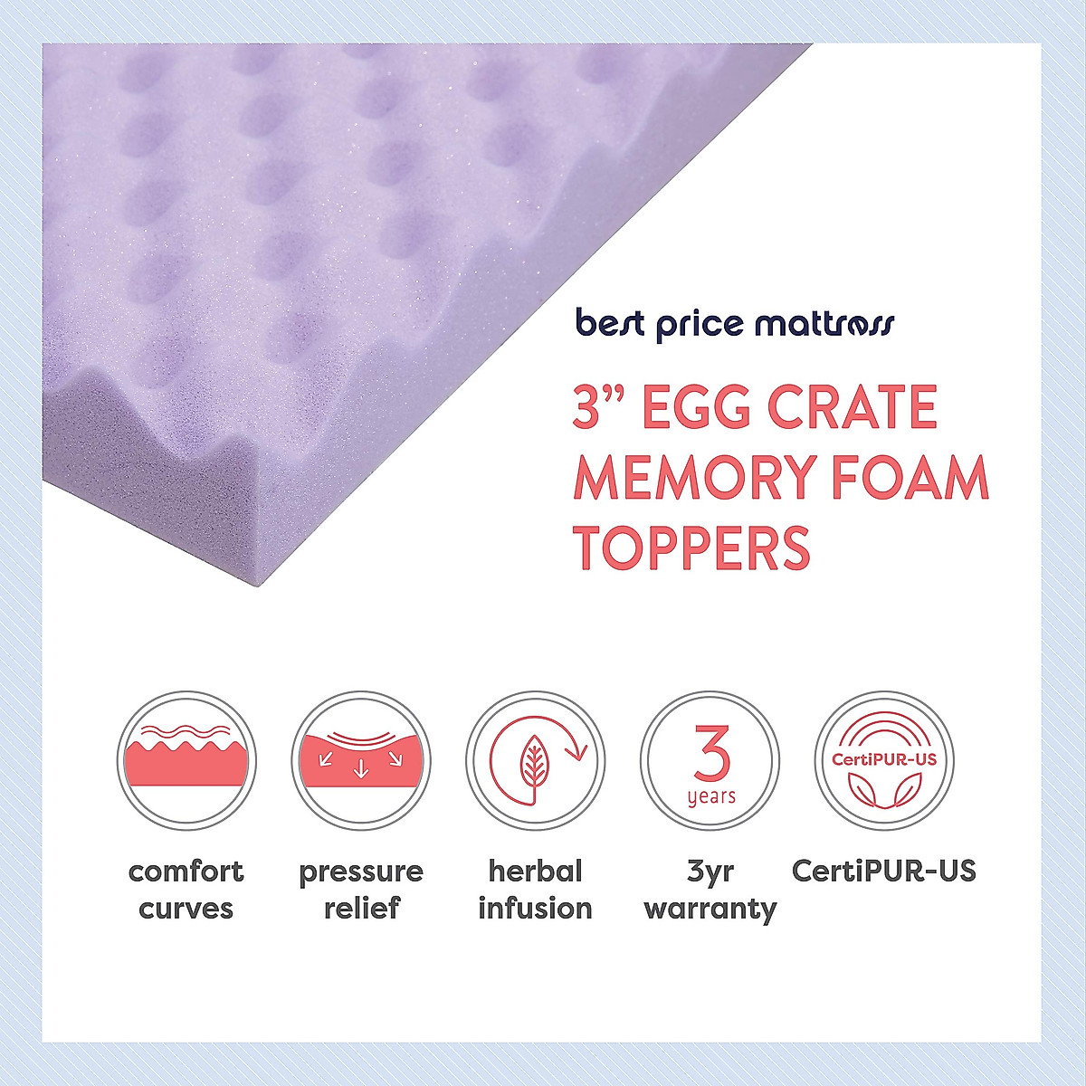 Best Price Mattress 3 Inch Egg Crate Memory Foam Mattress Topper with Soothing Lavender Infusion, CertiPUR-US Certified, Twin