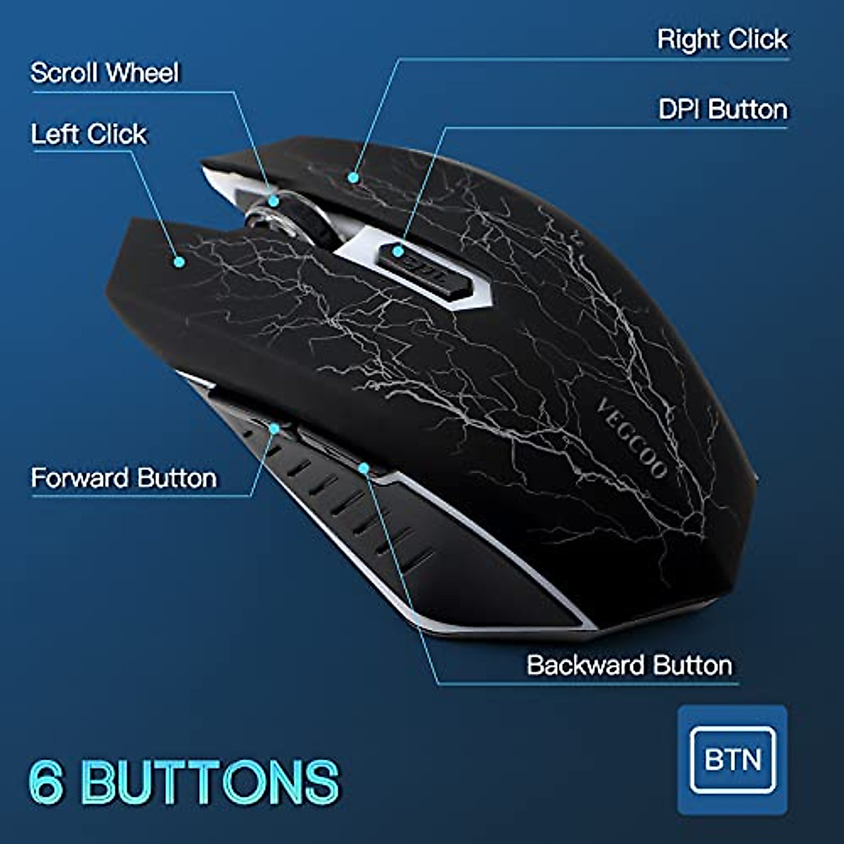 VEGCOO Wireless Gaming Mouse, Silent Click Wireless Gaming Mouse Rechargeable Mice with Colorful LED Lights and 2400/1600/1000 Three Gears Adjustable DPI, Ergonomic Mouse for Laptop PC (C11 Black)