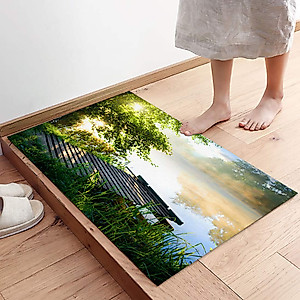 Indoor Doormat Front Door Mat Spring Nature Secluded Pier Lake Scenery Sun Rays Green Fresh Non Slip Rubber Back Floor Mat Entrance Low-Profile Welcome Mat Outdoor Rug for Home Office Garden