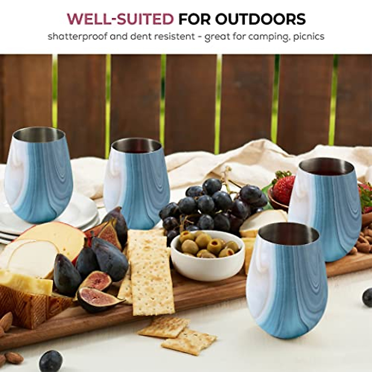 Stainless Steel Unbreakable Wine Glasses - 18 Ounce Set of 4 Wine glasses. Premium Grade 18/8 Stainless Steel Red & White Stemless Wine Glasses set, (Exquisite Blue Marble)