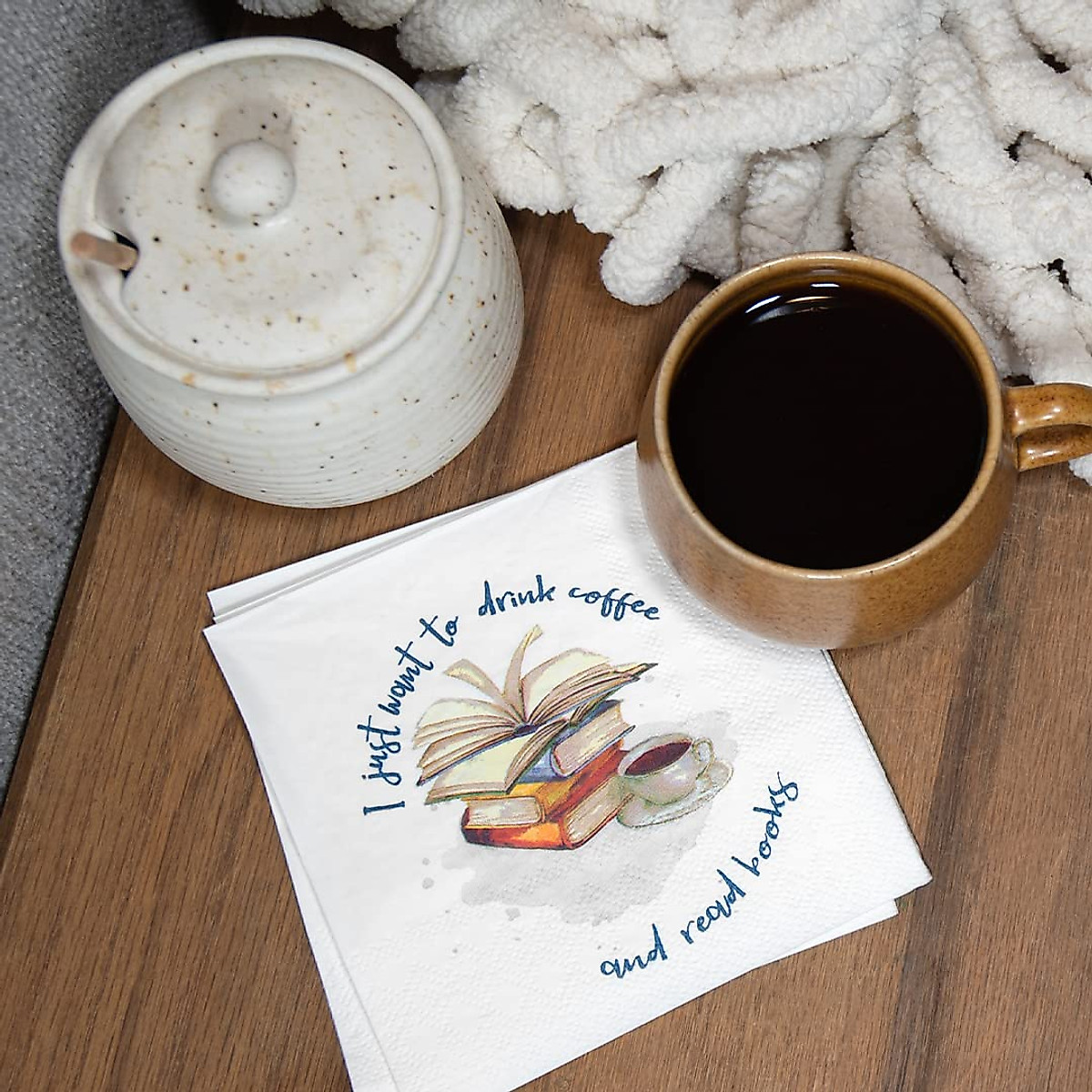 30 Pk, "Books & Coffee" Beverage 3-Ply Paper Party Napkins for Book Clubs and Events, Lunches, Garden Parties, Tea Time