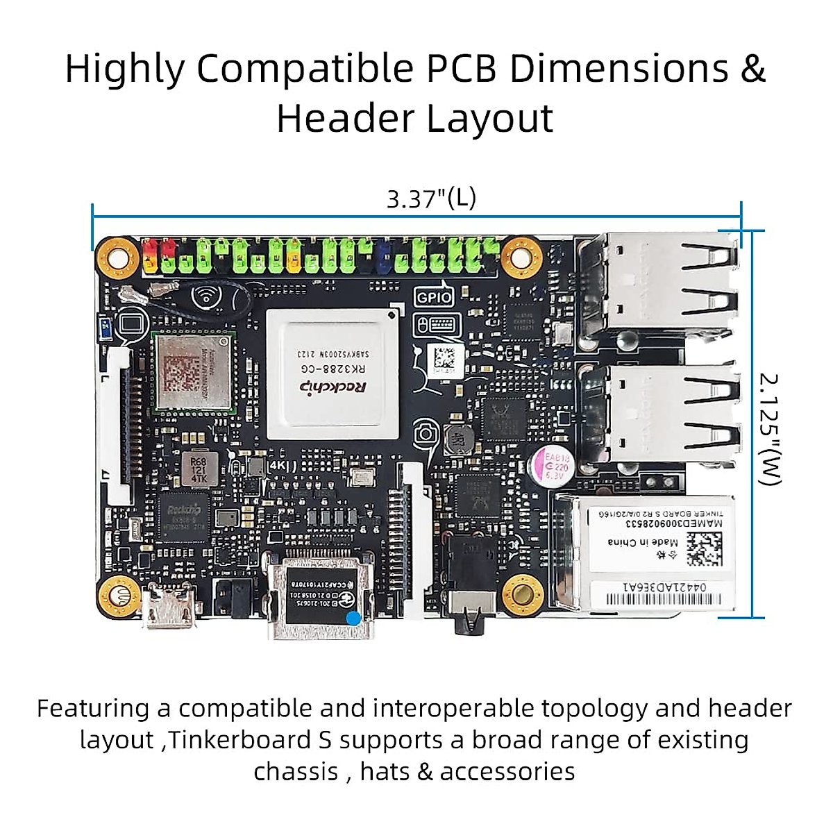 Tinker Board S R2.0 Single Board Computer RK3288 SoC 1.8GHz Quad Core CPU, 600MHz Mali-T764 GPU, 2GB LPDDR3 & 16GB eMMC Motherboard