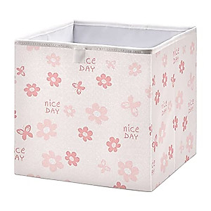 Kigai Pink Butterfly Daisy Storage Baskets, 16x11x7 in Collapsible Fabric Storage Bins Organizer Rectangular Storage Box for Shelves, Closets, Laundry, Nursery, Home Decor