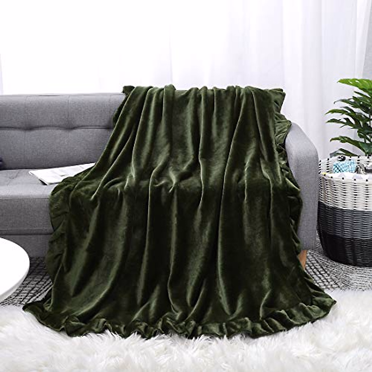 PiccoCasa Flannel Fleece Blanket Throw Size Army Green - Luxury Sofa Throws and Blankets with Ruffle Trim - Lightweight Plush Microfiber Solid Decor Blanket for Couch,Bed, Chair, 50" x 60"