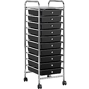 Topeakmart Plastic Trolley with 10 Drawers Rolling Cart Organizer Utility Cart Storage Bin Organizer on Wheels, Black