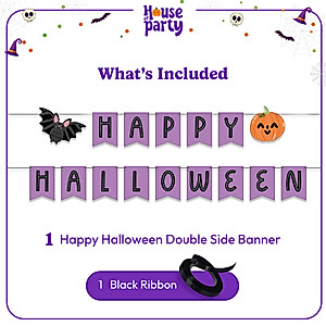 HOUSE OF PARTY Happy Halloween Banner - Happy Halloween Sign - Happy Birthday Halloween Banner - Indoor Halloween Party Decoration with Bat and Pumpkin - Perfect for Mantle, Halloween Party Decor!
