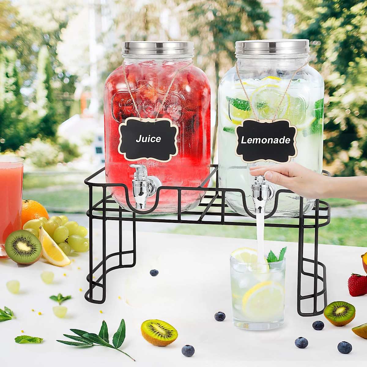 1 Gallon Glass Drink Dispensers For Parties-Set of 2,Drink Dispenser with Ice Core,Fruit Infuser & Stand,Juice or Beverage Dispenser for BBQ, Picnic, Party,Laundry Detergent Dispenser