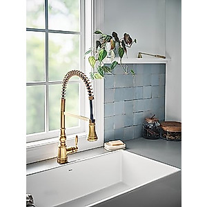 Moen WeymouthBrushed Gold One Handle Pre-Rinse Spring Farmhouse Pulldown Kitchen Faucet with Power Boost for a Faster Clean, S73104BG
