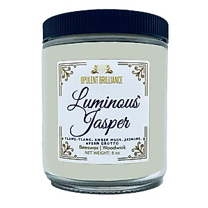 Woodwick Candle, Luminous Jasper, Beeswax Candle, Jasmine, Amber Musk, Organic Candle, Aromatherapy, Scented Candle, Opulent Brilliance 8 oz