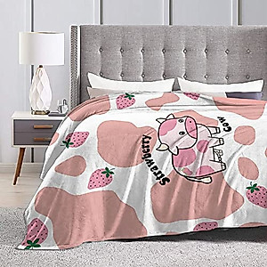 Strawberry Cow Print Blanket Colorful Ultra-Soft Fuzzy Lightweight Flannel Pink Throw Blanket for Couch Bed Sofa All Season Warm Cozy Camping Picnic Suit for Kids Adults 50''x40''
