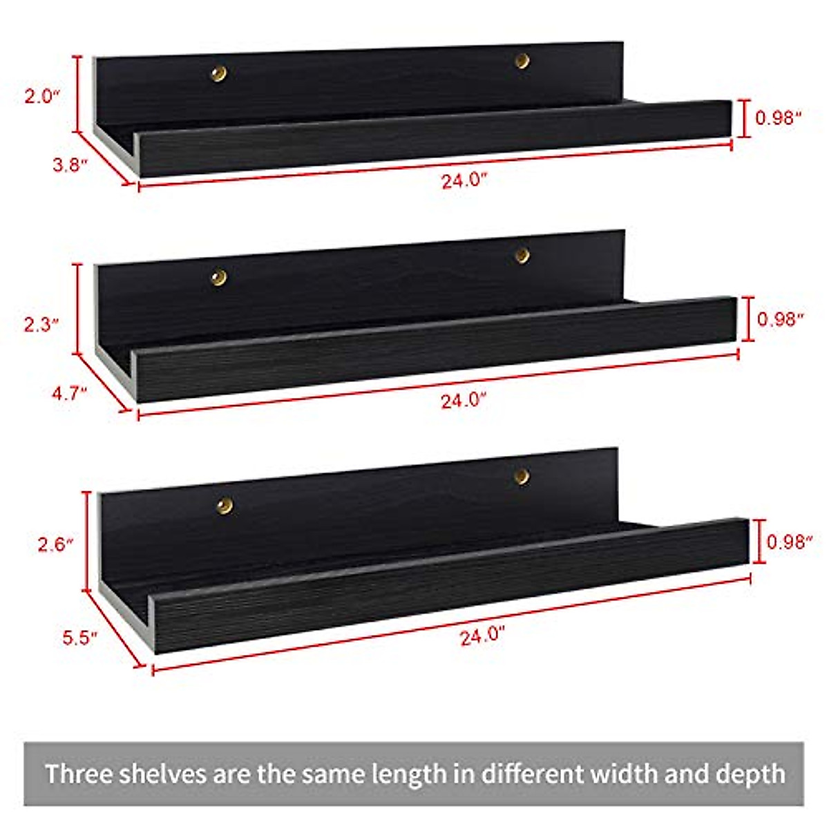 24 Inch Black Wall Mounted Floating Shelves Set of 3, Picture Shelving Ledge for Kitchen, Living Room, Bedroom, Office