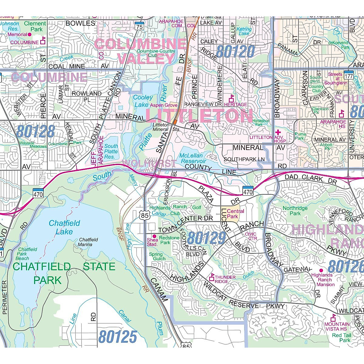 Metro Denver CO Detailed Region Wall Map w/Zip Codes *Laminated* 36"x52"