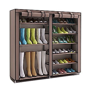 TXT&BAZ 27-Pairs Tool Free Easy Assembled Boot Rack Double Row Shoe Rack Covered with Nonwoven Fabric (7-Tiers Brown)