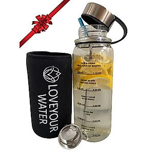 Love Yourself Wellness 40oz.Glass Water Bottle with Sleeve Motivation and Teaching times when to Drink Wide Mouth Stainless Steel Filter Attached lid Hydrating Sport Water Bottle Protective Sleeve