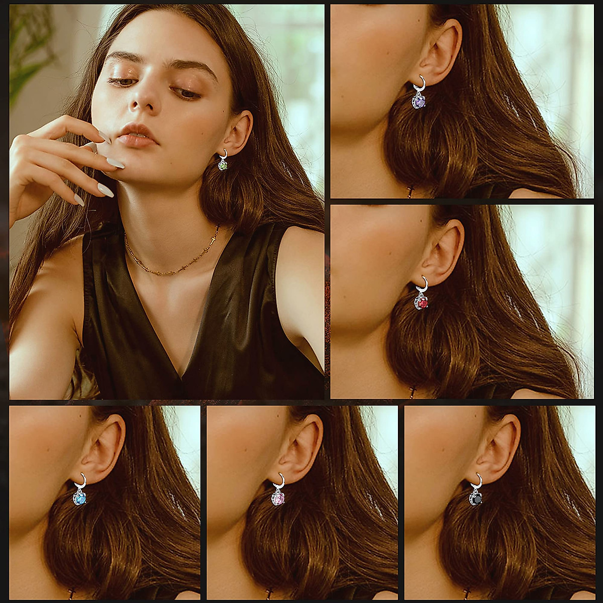 JOERICA 12 Pairs Leverback Dangle Earrings for Women Stainless Steel Dangle Hoop Earrings Set Multi Colored 8mm Cubic Zirconia Earrings