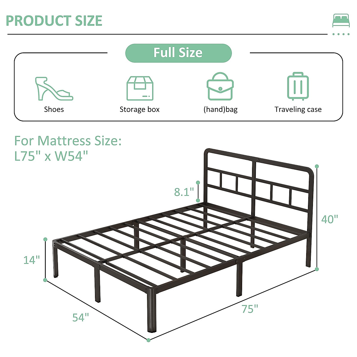 Yicensen 14 Inch Full Bed Frame with Headboard, Heavy Duty Metal Metal Full Size Platform Bed Frame No Box Spring Needed with Rounded Corner Legs, Noise Free, Easy Assembly, Black