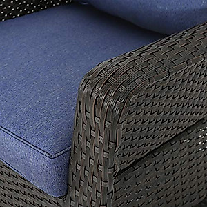 Christopher Knight Home Constance Outdoor 4 Seater Wicker Swivel Chair and Fire Pit Set, Dark Brown + Navy Blue + Hammered Bronze