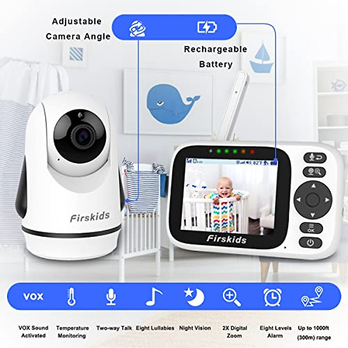 Firskids Baby Monitor with Camera and Audio,No WiFi Required,3.2" Baby Video Monitor, Long Range, Easy to Use, 2-Way Talk, VOX, Night Vision, Suitable for Baby Monitoring and Elderly Care