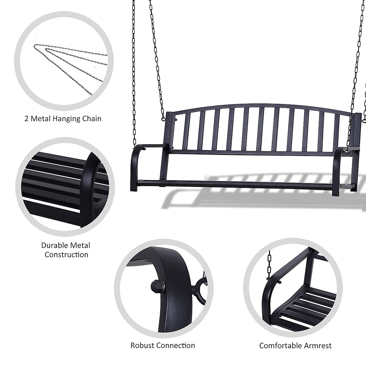 Patio Porch Hanging Swing Chair Garden Deck Yard Bench Seat Outdoor Furniture,550 lb Weight Capacity, Black