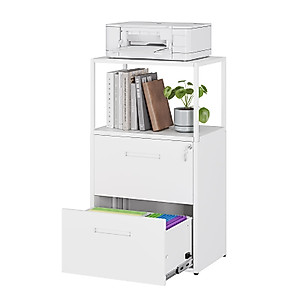 MIIIKO 2 Drawer File Cabinet with Lock and Open Shelf, White Metal Lateral Filing Cabinets Home Office, Tier Shelf Drawers Storage for Letter, Legal, A4 Folders, Books, Stationery Printers