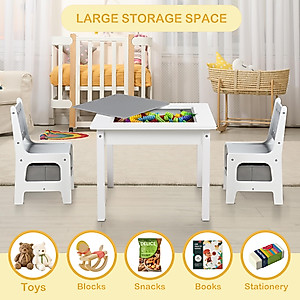 TODEFULL Kids Play Table and 2 Chair Set, 2 in 1 Wooden Activity Table w/Storage, Compatible with Lego and Duplo Bricks, Play Building Block Table Set for Reading, Drawing, Build Blocks, Grey