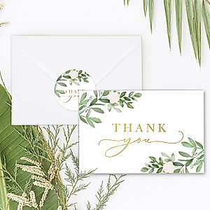 AnyDesign 24 Pack Thank You Cards with Envelopes Stickers Watercolor Green Leaves Blank Note Cards Bulk Eucalyptus Leaf Thank You Greeting Cards for Wedding Baby Shower Bridal Shower, 4 x 6 Inch