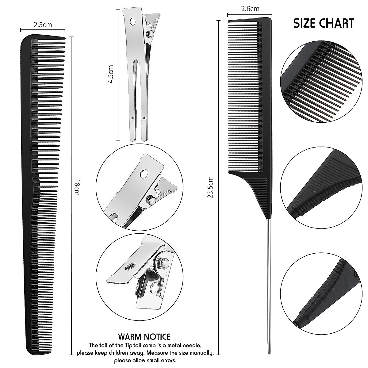 Patelai 52 Pcs Professional Comb Set Carbon Fiber Hair Combs for Women Men Include Rat Tail Taper 50 Double Prong Curl Clips for All Hair Types Natural Curly(Black)