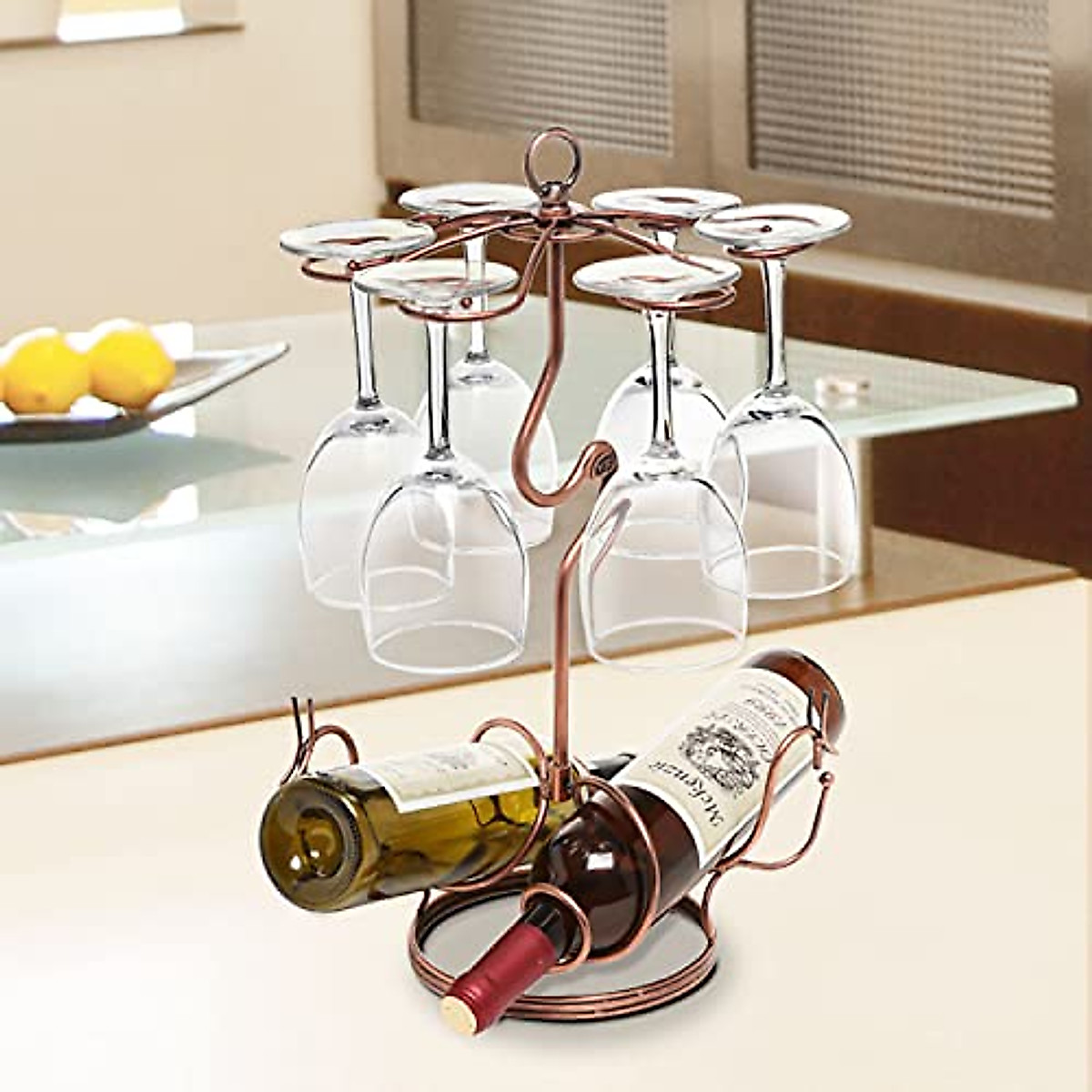 MyGift Bronze Metal Tabletop Wine Bottle Rack and Wine Glass Holder Stemware Display Stand