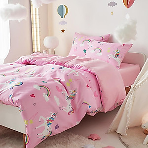 Wake In Cloud - Unicorn Bedding Set for Girls, Cute Rainbow Unicorn Patterned Soft Lightweight Comforter Set with Sheets, 5 Pieces Kids Bed in a Bag, Pink, Twin Size