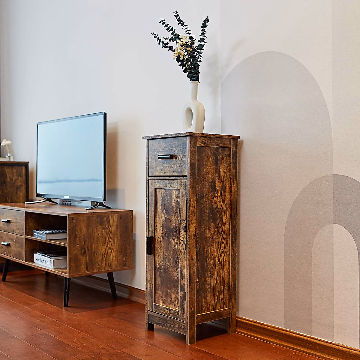 Tianlang Retro Industrial Storage Cabinet,Floor Cabinet with 1 Drawer and 1 Doors,Multifunctional Cabinet for Living Room,Kitchen,Bathroom,Easy to Place Stable Wood Frame，Retro Brown LJBC001F