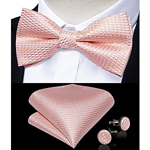 DiBanGu Men's Silk Pretied Bow Ties Adjustable Blush Pink Bowtie and Lapel Pin Handky Cufflinks Set for Husband Wedding