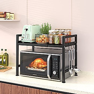 PUSDON Extendable Microwave Oven Rack, Adjustable Microwave/Toaster Shelf Heavy Duty Stand Kitchen Counter Top Organizer(L15.7~23.6" xW12.6 xH18.9), 2-Tier with 3 Hooks, 160lbs Weight Capacity, Black