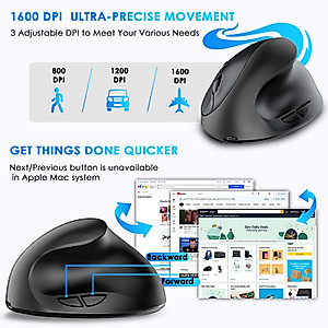 WREWING Ergonomic Mouse, 2.4GHz Rechargeable Wireless Vertical Mouse with SUB Receiver, 6 Buttons 3 Shift Adjustable DPI, Silent Ergonomic Mouse for Laptop PC Desktop Mac