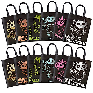 JOYIN 12 Pcs Halloween Treat Tote Bags in 6 Metal Shining Skeleton Design, 17" Large Reflective Halloween Character Trick or Treat Bags, Halloween Goodie Gift Candy Bags Halloween Party Favor Party Supplies