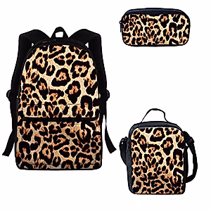 FKELYI 3 Pieces Brown Leopard Animal Cheetah Print School Bags for Kids Girls Fashion Backpack Adjustable Shoulder Book Bag Set with Lunch Box Pencil Case