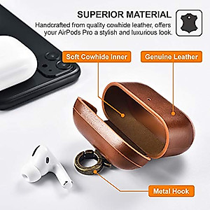 AirPods Pro Leather Case with Strap, ICARER Genuine Leather Portable Protective Shockproof Cover for Apple AirPods Pro case Keychain Support Wireless Charging (Brown)