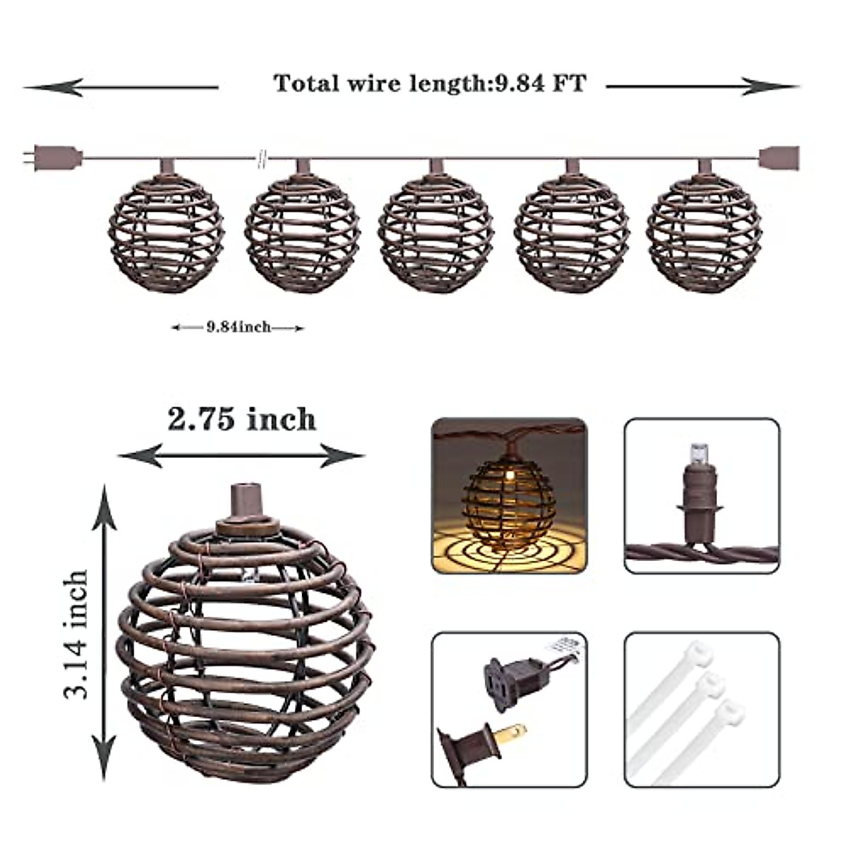 Vigdur Decorative - Rattan Ball String Lights with 10 Led Bulbs Plug in Rattan Lantern String Lights for Patio Garden Backyard Party Decor,9.84FT