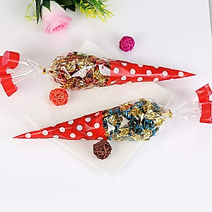 FARUTA 100pcs Clear Cello Treat Bags Cone Shaped Polka Dot Popcorn Bags Triangle Treat Bags OPP Plastic Bags for Gift Wrapping Bakery Cookie Dessert Packaging Red