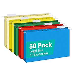 HERKKA Extra Capacity Legal Size Hanging File Folders, 30 Reinforced Hang Folders, Heavy Duty 1 Inch Expansion, Designed for Bulky Files, Medical Charts, Assorted Colors, 30 Pack