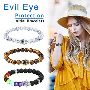 Sanfenly 10Pcs Evil Eye Bead Bracelet for Women Men Hamsa Hand Fatima Blue Eye Chakra Beaded Charm Stretch Bracelet Turkish Evil Eye Good Luck Protection Bracelet Evil Eye Jewelry Gift