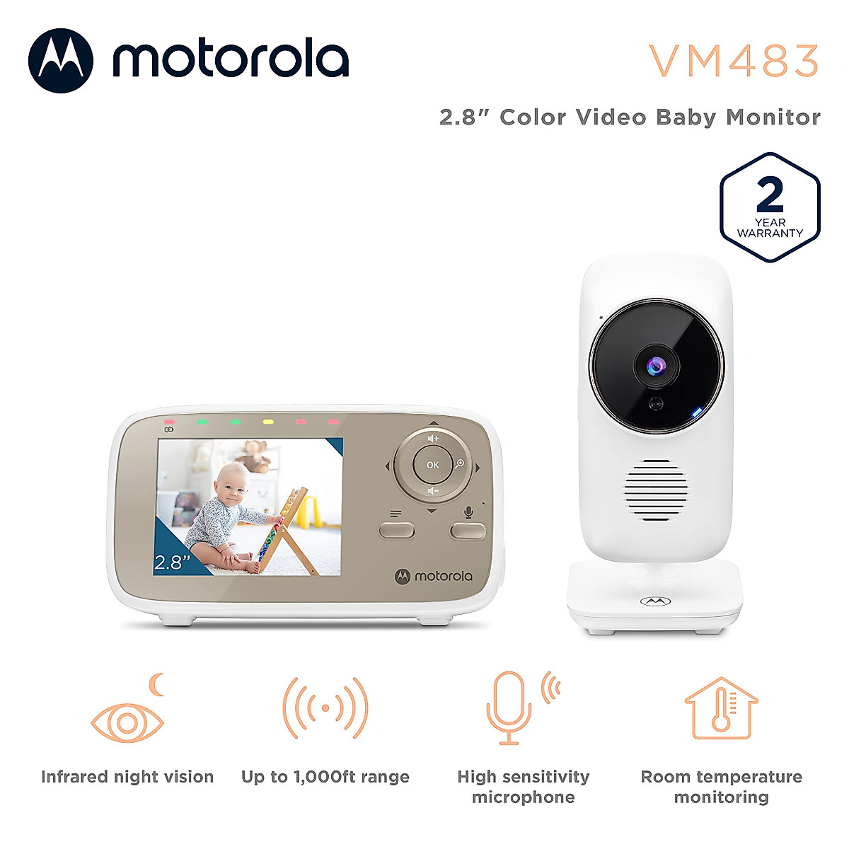 Motorola VM483 - HD 1080p 2.4ghz Wireless 1000ft Range Baby Monitor W/ 2.8" Color Screen & 2-Way Audio - Indoor & Outdoor Usage, Remote Pan-Tilt-Zoom, Room Temp, & Infrared Night Vision