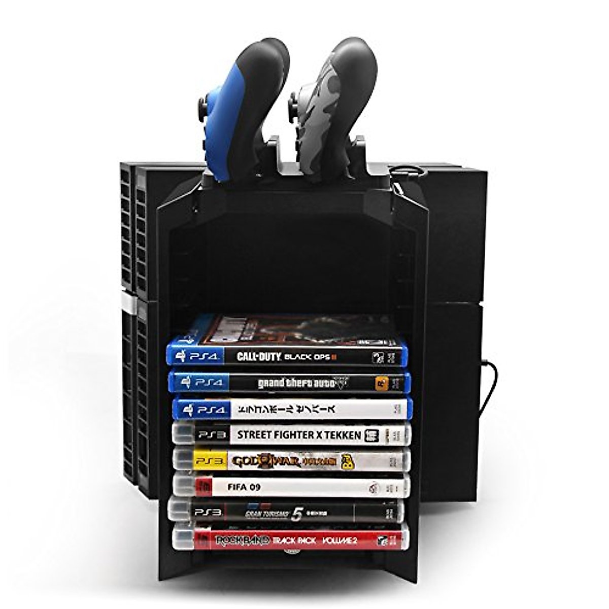 TNP Stand + Controller Charger + Game Storage Organizer - Vertical Dock Charge Charging Station for DualShock Controller, Bluray Game Case Storage Holder Tower 4-in-1 Accessories [Playstation 4]