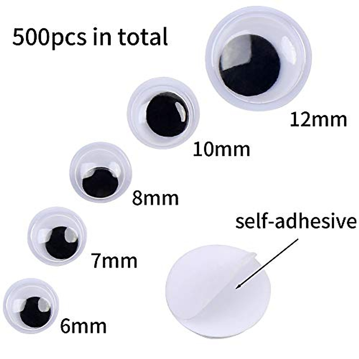 DECORA 500 Pieces 6mm -12mm Black Wiggle Googly Eyes with Self-adhesive for Crafts Decorations